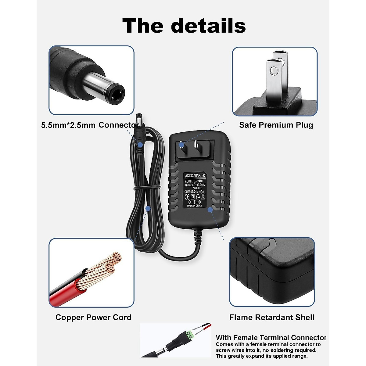 24V 1A DC Power Supply Adapter 24 Volt AC Adapter 100-240V 50-60Hz to DC 24V 1A Power Adapter Cord, 24V DC Power Supply 1A Adapter with 5.5mmx2.5mm DC Outlet Plug and 1 More Tip