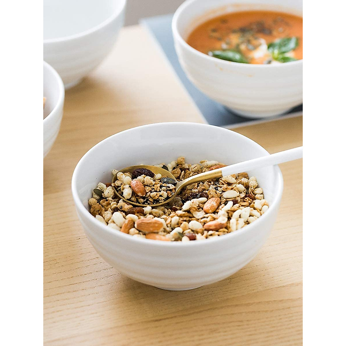 LAUCHUH Stackabel Bowl Set Porcelain Soup Bowls 28 Ounces Cereal Bowl Set with Serving Stand Large Bowl Porcelain Cereal Soup Salad with Bowl Organizer, 6 pack