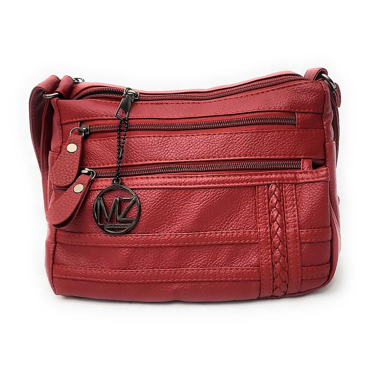 MariaKinz Soft Leather 5 Zipper Pockets Shoulder Purse and Handbag (Red)