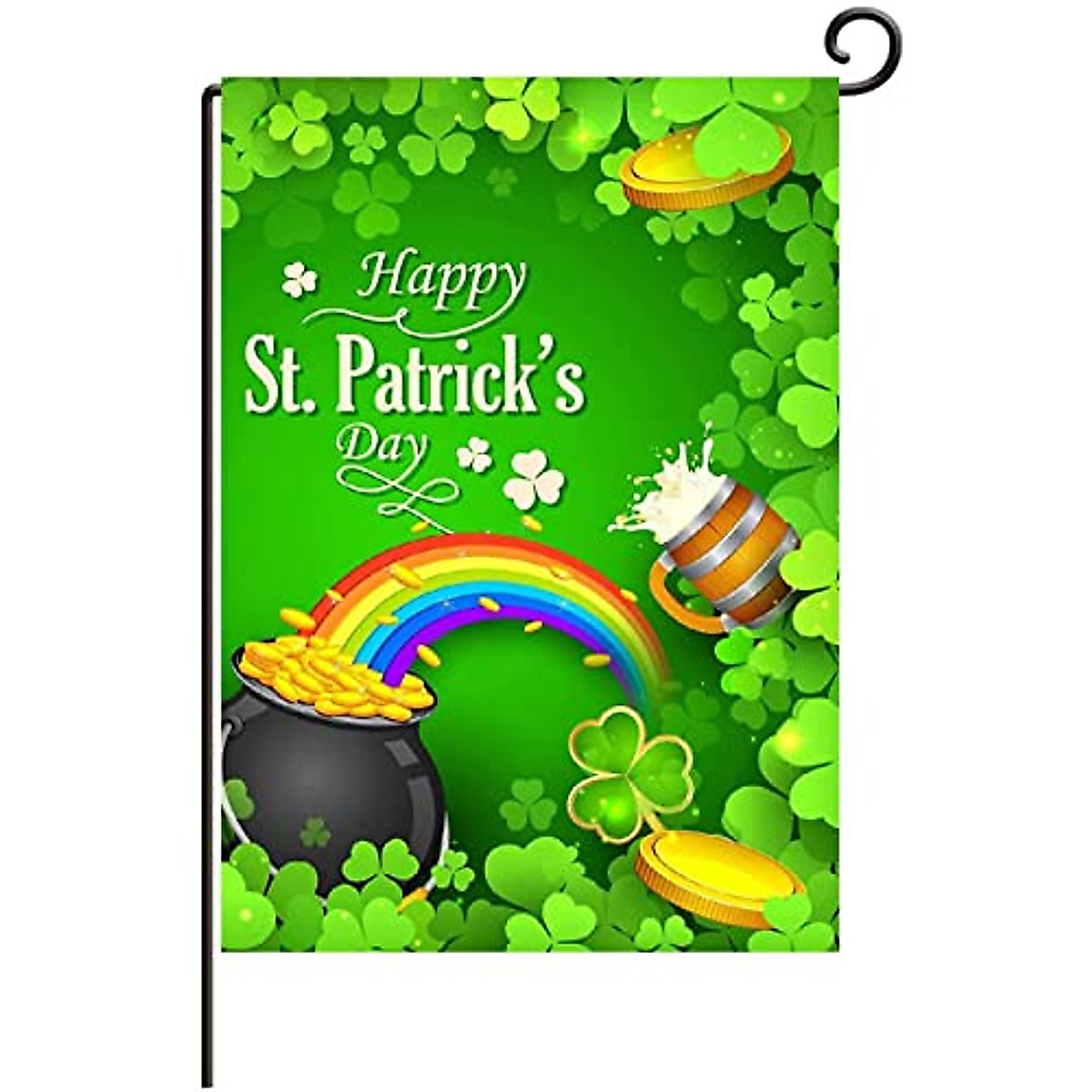 Happy St Patrick's Day Shamrock Spring Clover Lucky Rainbow Coin Pot House Flag 12.5" x 18" Double Sided Polyester Welcome Large Yard Garden Flag Banners for Patio Lawn Home Outdoor Decor-L33