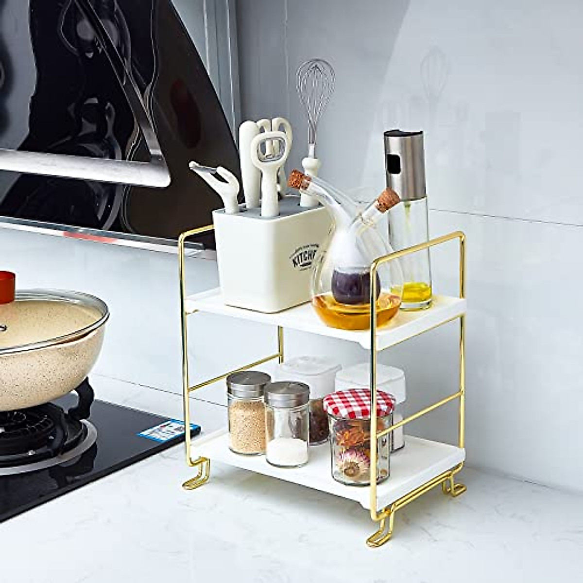 Geelin 2 Pcs Bathroom Countertop Organizer 2 Tier Vanity Counter Organizer Bathroom Countertop Organizer Makeup Shelf Organizer Stackable Gold Perfume Tray Standing Kitchen for Vanity Storage Bedroom