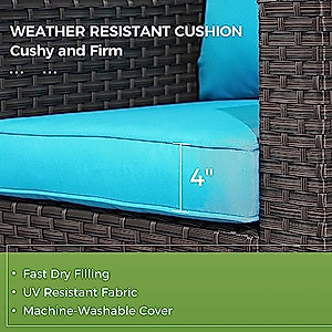 Kiss the Water Outdoor Patio Furniture Sets, 7 Pieces Outdoor Sectional Rattan Sofa Set, Brown PE Wicker Patio Conversation Sets with 10 PCS Lake Blue Washable Cushion and Tempered Glass Table