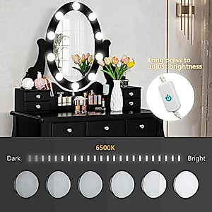 Quimoo Large Vanity Desk with LED Lighted Mirror & Power Outlet,Makeup Vanity Table with 7 Drawers,4 Shelves and 8 Hooks,for Bedroom,Bathroom,Black