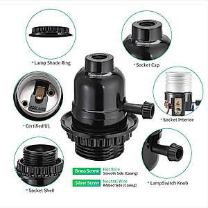 UL Listed E26 Light Socket, Lamp Socket Replacement with ON/Off Switch Medium Base Lamp Parts with 2 Lamp Socket Ring, Light Bulb Fixture Socket for Table Lamp, Floor Lamp, 1-Pack