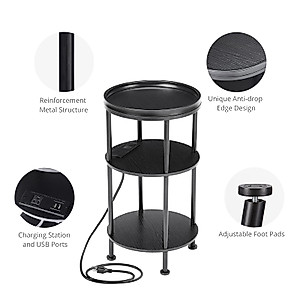 Small Round Side Table with Charging Station for Small Spaces, 3-Tier Round Accent Table with USB Ports & Power Outlets,Round Corner Table Tea Sofa Side Table for Living Room Bedroom Apartment (Black)
