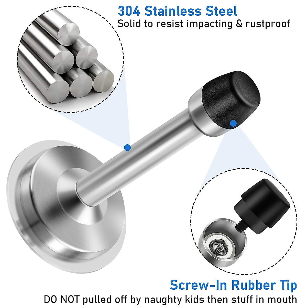 Door Stoppers, 3.5 Inch Door Stops for Bottom of Door, Wall Mounted Self Adhesive Door Stop with Black Rubber Bumper Stainless Steel Modern Doorstop Brushed Nickel No Drill Door Stopper, Silver 2 Pack