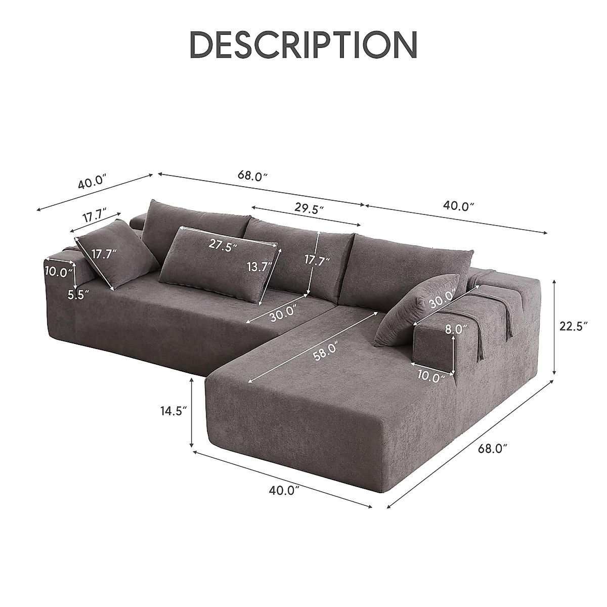 Yoglad Modern L-Shape Sectional Upholstery Sofa with Freedom Combination Living Room Sofa, Comfy Deep Seat Floor Furniture with 6 Pillows for Living Room, Office (Face The Right Chenille Grey Sofa)