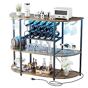 JUMMICO Wine Bar Cabinet with LED Light and Charging Station, Freestanding Wine Racks & Cabinet with 3 Tiers Storage Shelves and Footstands, Coffee Liquor Bar Cabinets for Home/Kitchen (Brown)