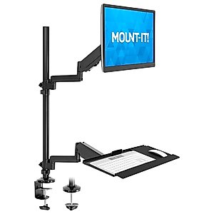 MOUNT-IT! Sit Stand Monitor Desk Mount [Fits 32" Screens] Height Adjustable, Full-Motion Articulating Arm with Keyboard Tray and Cable Management (Black)