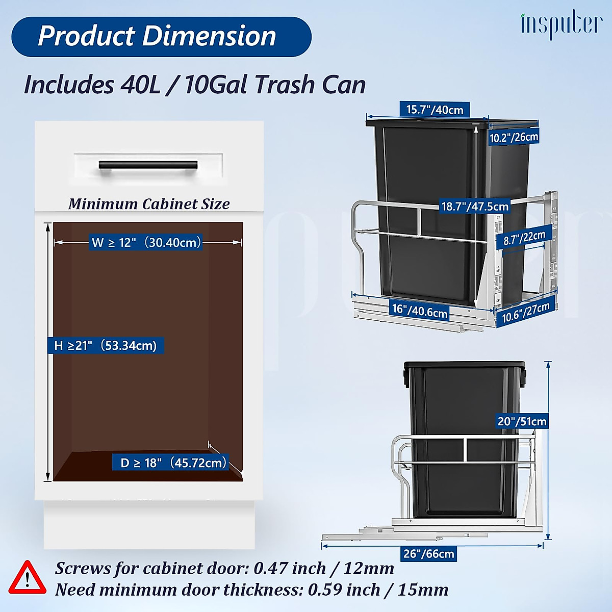 Insputer 40 QT 10 Gal Pull Out Trash Can Under Cabinet, Heavy Duty Under Sink Garbage Can Kit with Soft-Close Slides for Kitchen, Laundry, Requires Minimum Cabinets Opening 12" W X 18" D