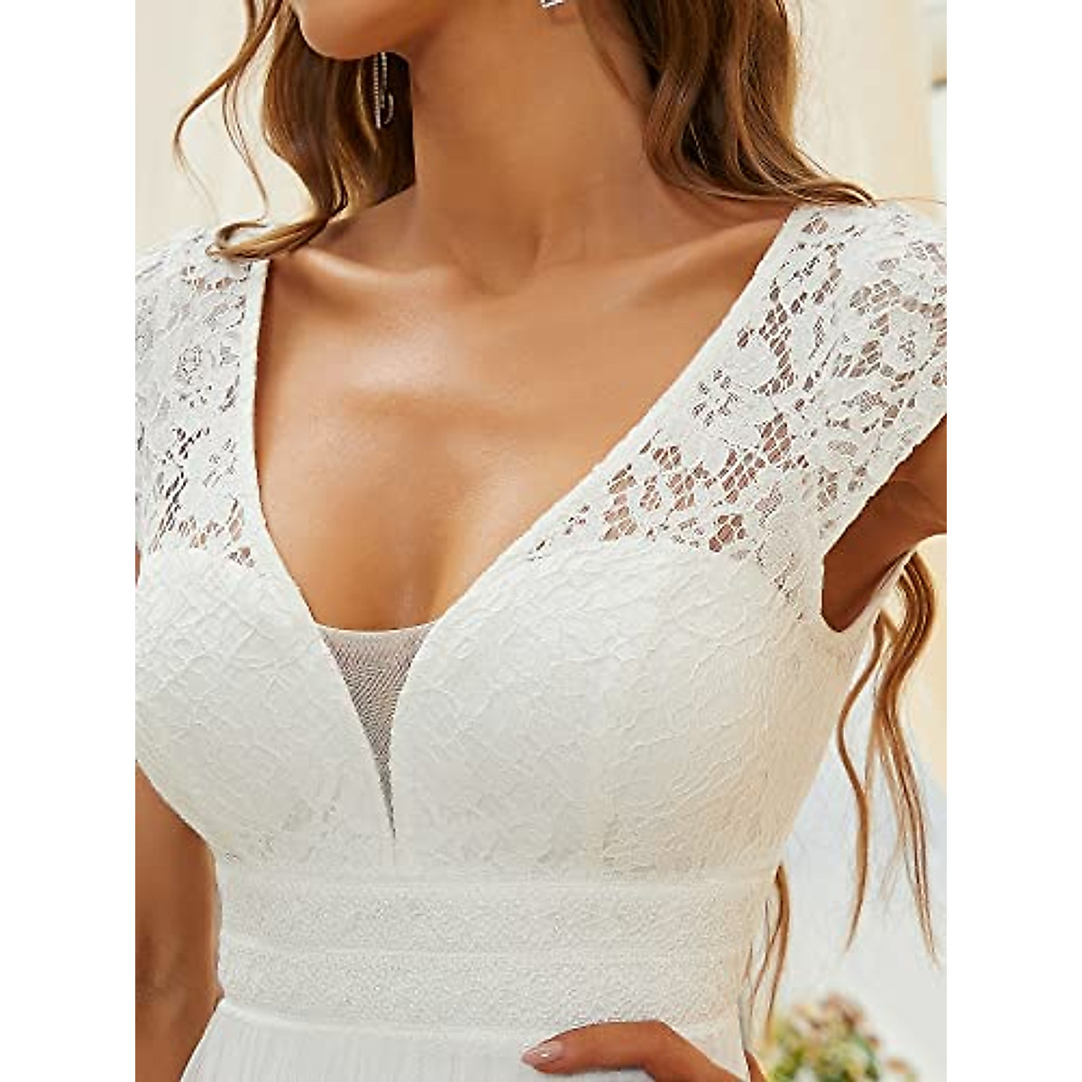 Ever-Pretty Women's Cap Sleeve Lace A-line V-Neck Long Evening Dress for Wedding Party White US8