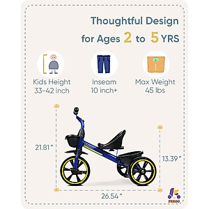 KRIDDO Kids Tricycles Age 24 Month to 4 Years, Toddler Kids Trike for 2.5 to 5 Year Old, Gift Toddler Tricycles for 2-4 Year Olds, Trikes for Toddlers, Blue