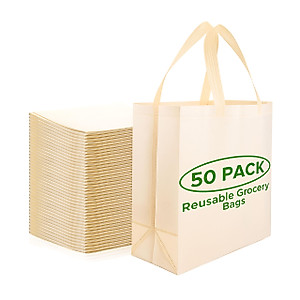Simply Cool 50 Pack Reusable Eco-Friendly Grocery Shopping Bags 14.5"x14"x6.6" Durable, Recyclable,Washable, Foldable, Portable Tote Bag (50 Pack Reusable Bags, Cream)