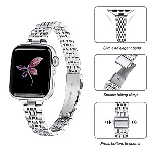 Secbolt Stainless Steel Slim Bands Compatible with Apple Watch 38mm 40mm 41mm iWatch Series 9/8/7/6/5/4/3/2/1/SE, Thin Bracelet for Women, Silver