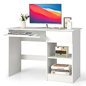 GOFLAME Home Office Desk with Drawer, Wooden Storage Computer Desk with Keyboard Tray & Adjustable Shelves, Executive Table Makeup Vanity Table Desk for Bedroom, Small Space (White)