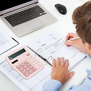 Desk Calculator, Envysun Compact 12-Digit Solar Battery Office Electronic Calculator with LCD Display, Dual Power Desktop Scientific Calculators (Cal-Pink-US)