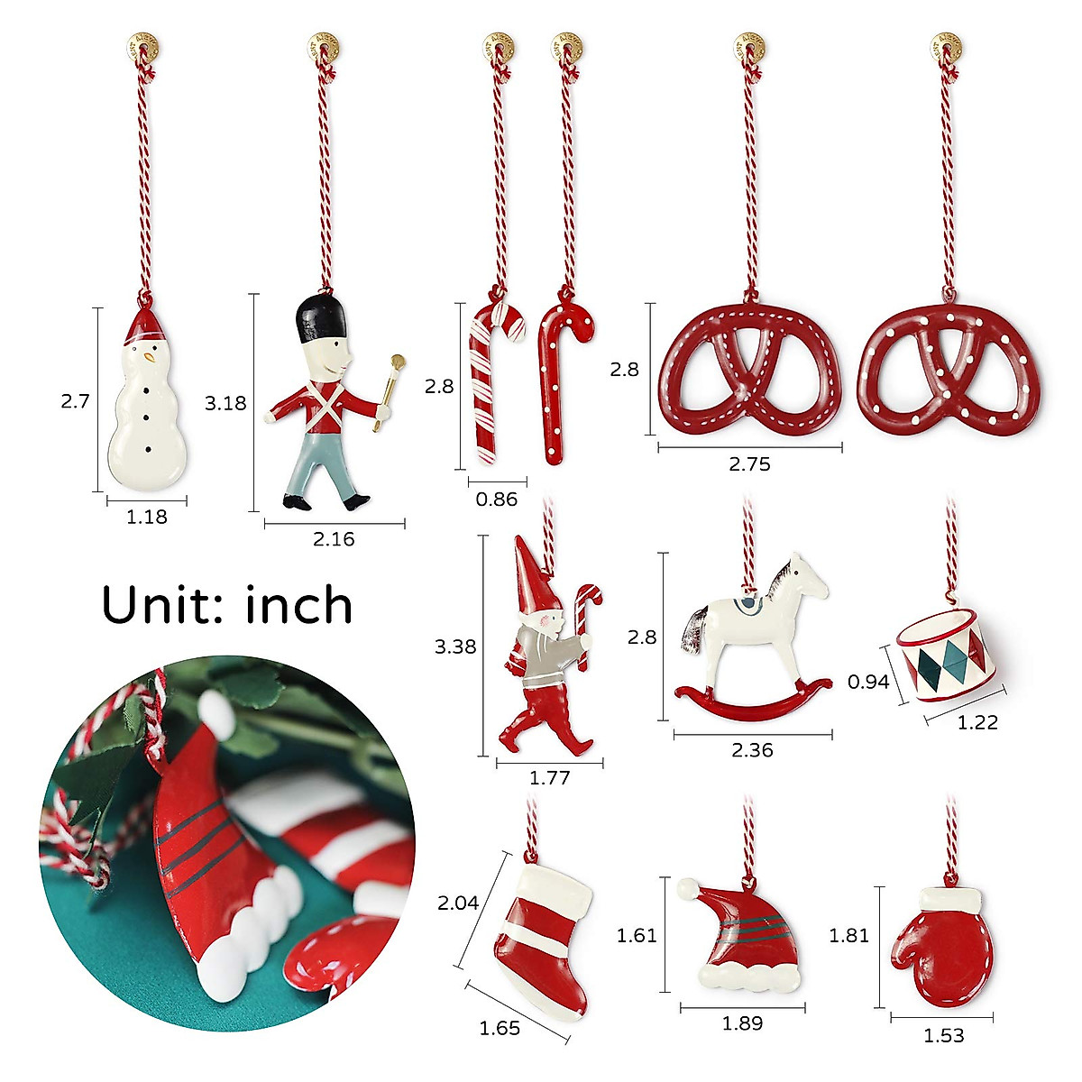 Aizulhomey Christmas Ornaments 12 Pcs Set Metal Double Sided Hand Painted Tree Hanging Decorations, car and Home Decor