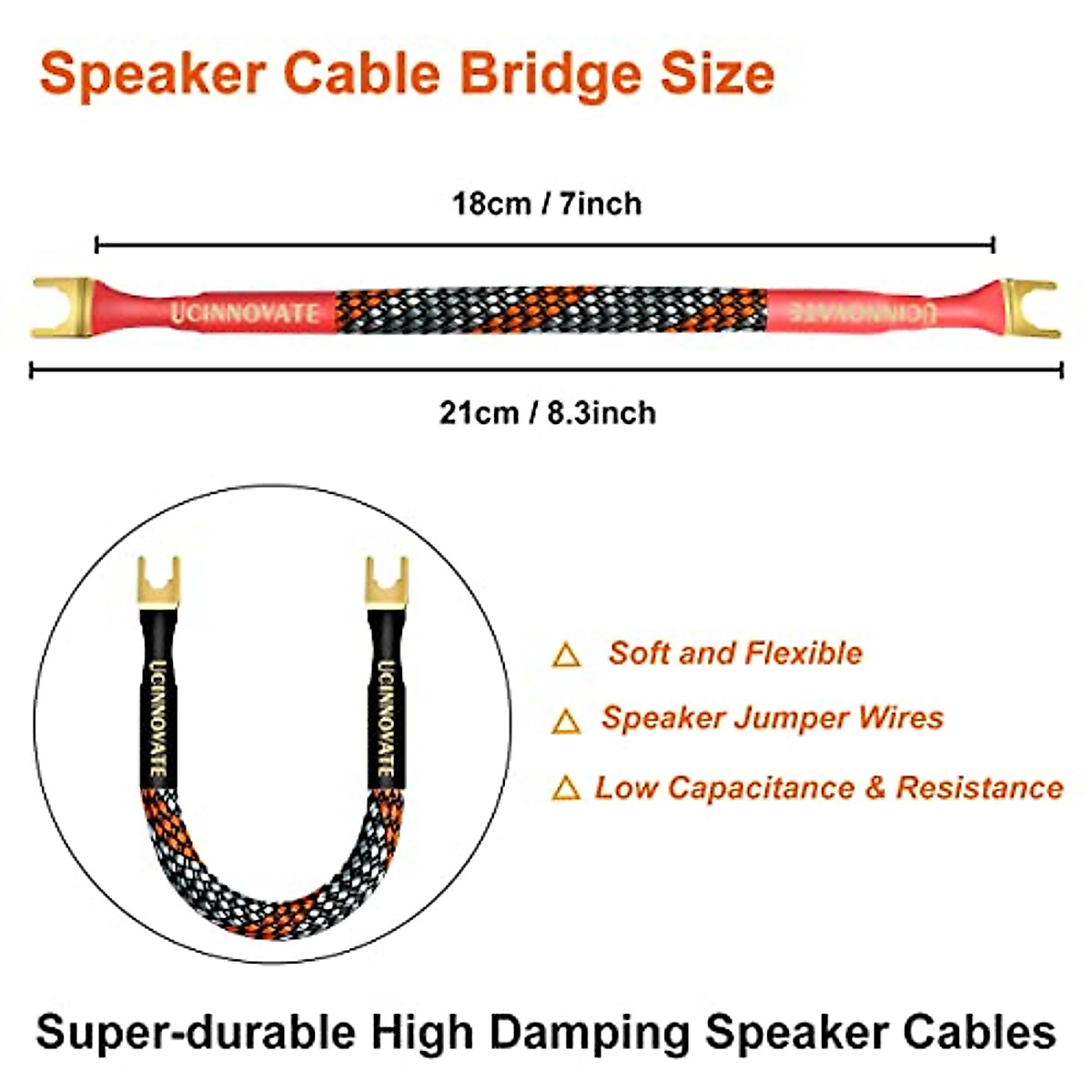 UCINNOVATE 4 x HiFi OFC Speaker Jumper Cable with Spade, 21cm Speaker Cable Bridge Bi-Wire Speaker Jumper Plates, 11AWG Cable Bridge to Speaker Cable Terminals with 8 Gold Plated Spade