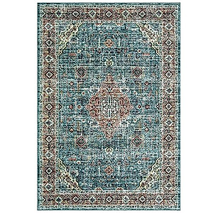 COZYLOOM Washable Rug 9x12 Large Area Rug Ultra-Soft Tribal Distressed Floor Cover Floral Print Accent Thin Rug Foldable Traditional Indoor Rug Retro Carpet for Living Room Bedroom Office Brown/Green