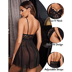 Avidlove Sexy Babydoll Lingerie Lace Chemise Strap Sleepwear V Neck Nightgown Mesh Sleepwear SideSlit Nightwear Black