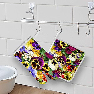 Oven Mitts and Pot Holders Set,Oven Glove Cooking Mitts Hot Pad,Flower Pansies Heat Resistant Kitchen Cooking Mitts Gift for Baking Grilling
