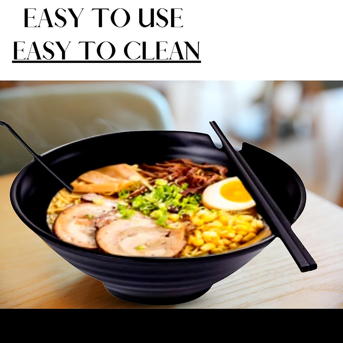 MORGY Unbreakable Set of 2 Ramen Bowls with chopsticks and Spoons- 42 OZ Japanese Style Black Noodle Soup Bowls Set- Asian Soup Bowl for Ramen, Pho, Salad, Poke, Soup, Chopstick Holders