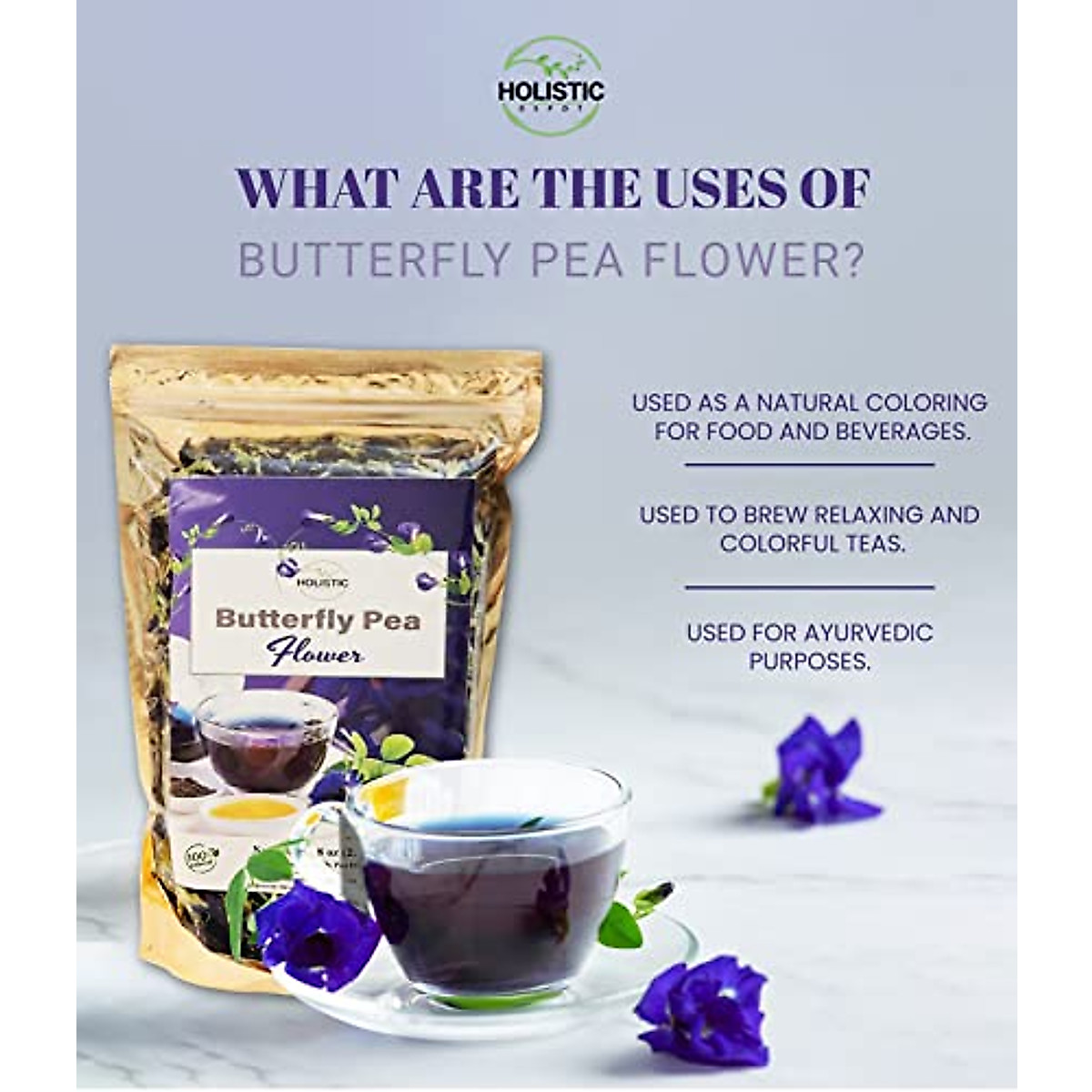 Holistic Depot ACT Organic Butterfly Pea Flower 8 oz (226g) - Non-GMO - Natural Butterfly Pea Flowers - Antioxidant Rich Butterfly Pea Flower - Ethically Sourced Butterfly Pea Flower from Thailand - Packed in the United States