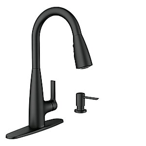 Moen Haelyn Matte Black Single-Handle Pull-Down Sprayer Kitchen Faucet Featuring Power Boost for a Faster Clean, Soap Dispenser Included, 87627BL