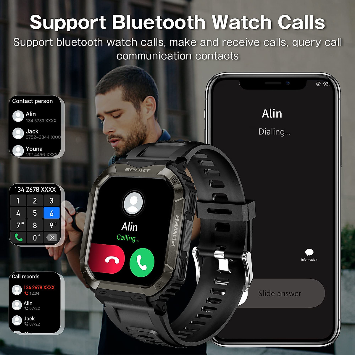 tonoue Smart Watches for Men, Bluetooth Call 1.83" Military Tactical Outdoor Sports Smartwatch 5ATM/IP68 Waterproof Fitness Watch Tracker for Android iOS iPhones with Heart Rate Blood Pressure (Black)