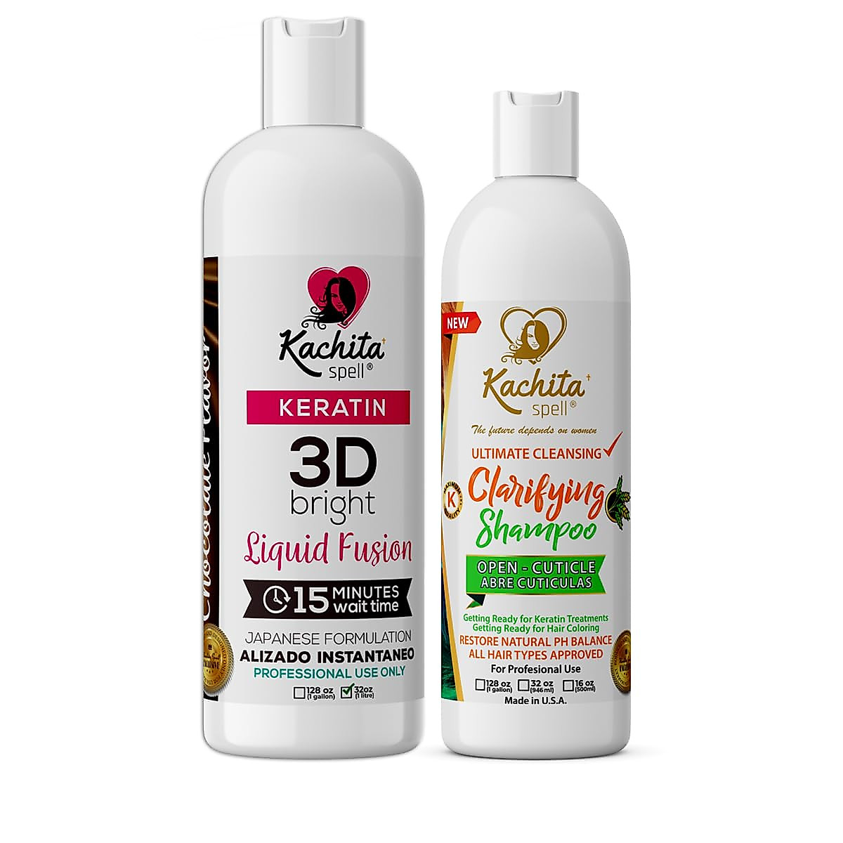 Kit Brazilian Keratin 3D IMPROVED FORMULA Treatment Hair Straighteners Hight Bright Kachita Spell + Clarify Shampoo