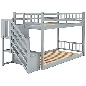 Eafurn Twin Over Twin Floor Bunk Beds with Stairs for Teens, Low Bunk Beds with Storage Staircase,Solid Wood Stairway Bunk Bed Frame for Kids Boys Girls, No Box Spring Required