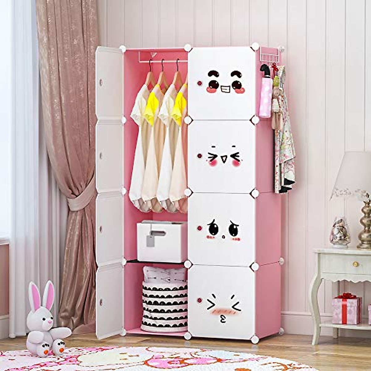 YOZO Cube Storage Organzier Portable Closet Wardrobe Bedroom Dresser (28x14x56 inches) Portable Closet Cube Shelf Armoire Pantry Cabinet, 8 Cubes, Pink