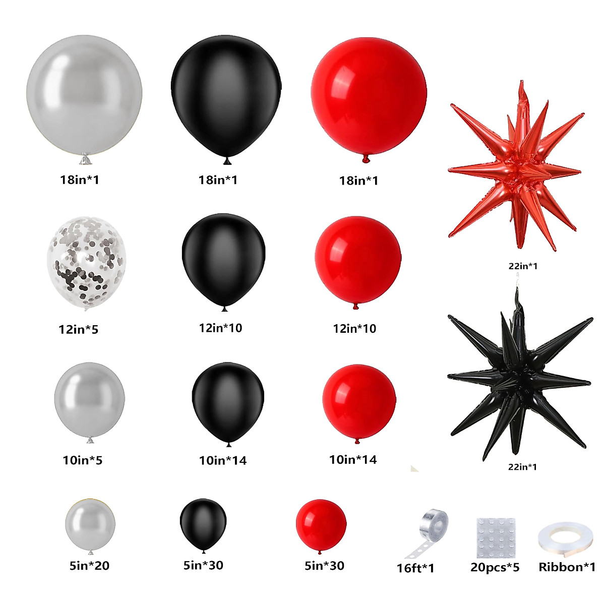 Red and Black Balloon Garland Arch Kit, 146pcs Red Black and Metallic Silver Balloons with Red and Black Exploding Star Foil Balloons for Graduation Birthday Party Decorations