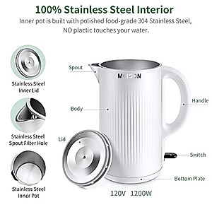 Electric Kettles Stainless Steel for Boiling Water, Double Wall Hot Water Boiler Heater, Cool Touch Electric Teapot, Auto Shut-Off & Boil-Dry Protection, 120V/1200W, 1.7 Liter, 2 Year Warranty(white)
