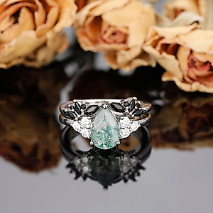 IRROYA 6x9mm Natural Pear Cut Moss Agate Bridal Ring Set,Cluster Genuine Moissanite Engagement Ring,V Shaped Open Ring Band, Sterling Silver Platinum, moss agate