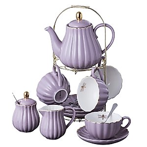 Jusalpha Fine China 8 OZ Purple Coffee Cup/Teacup, Saucer, Spoons, Teapot and Creamer set, 17-Pieces (FD-TW17PC SET, Purple)