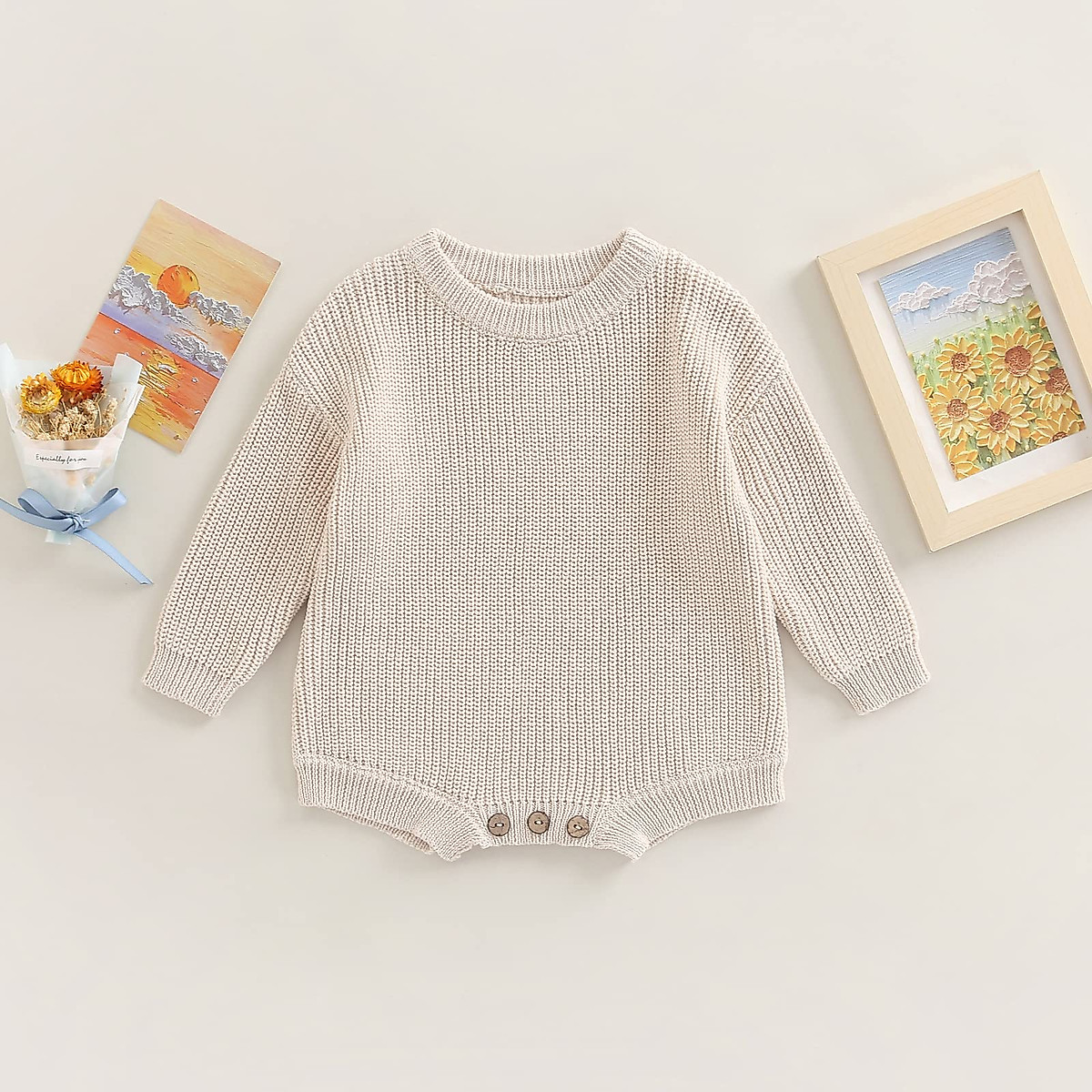 woshilaocai Baby Boy Girl Sweater Oversized Long Sleeve Romper Warm Crewneck Onesie CuteToddler Knitted Winter Clothes (12-24 Months,Cream)