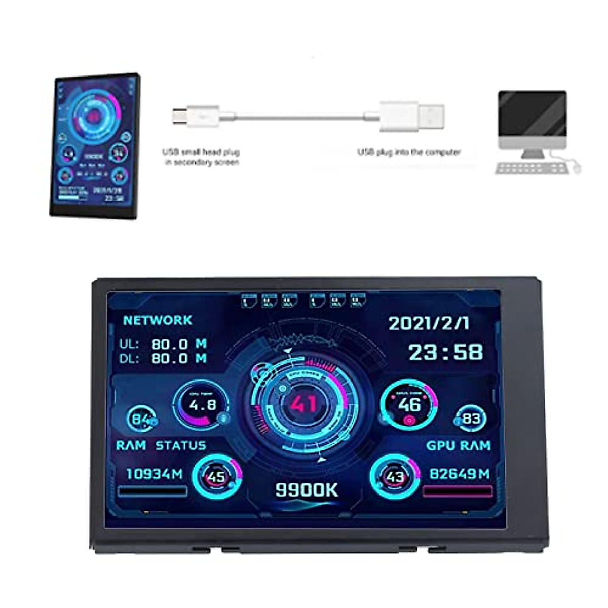 Naroote 3.5 Inch Monitor Set, Adjustable Brightness IPS Screen with Full Viewing Angle 360° Rotatable for ITX Mini Chassis (with USB3.0 Splitter)