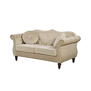 US Pride Furniture Anna Collection Modern Chesterfield Velvet Upholstered Sofa for Living Room with Elegant Rolled Arms, Solid Wood Frame & Accent Throw Pillows, Loveseat, Beige
