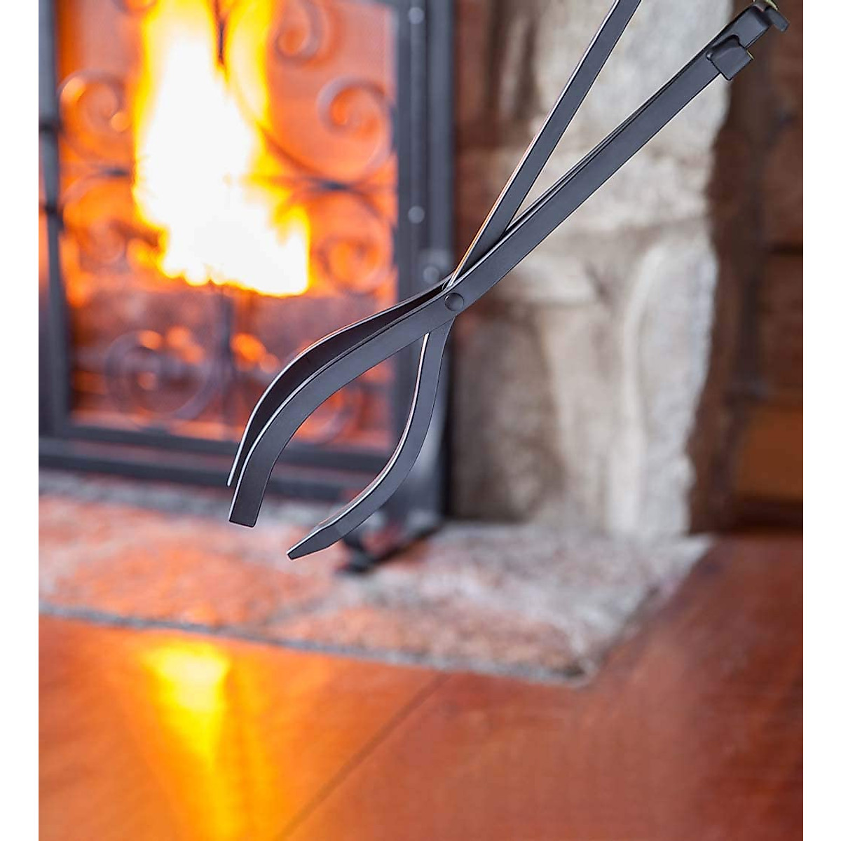 Plow & Hearth Crest Fireplace 4-Piece Tool Set with Stand, Solid Steel, Convenient Hanging Loops, Tongs, Poker, Shovel, Broom, Decorative and Functional, Approx. 12"" diam. x 34¾"" H (Black)