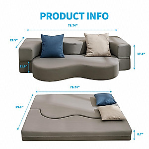 Mjkone Queen Size Floding Sofa Bed, Floor Sofa Bed with Memory Foam, Upholstered Convertible Couch Bed, Fold Out Futon Sleeper Couch Bed for Living Room,Guest Room, Washable Cover, Light Gray