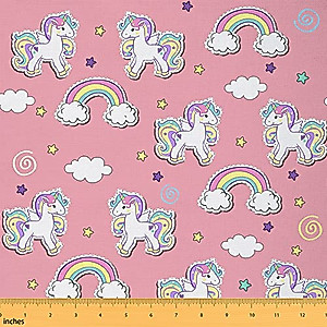 Girls Unicorn Fabric, Rainbow Unicorn Print Upholstery Fabric by The Yard, Cartoon Kawaii White Horse Indoor Outdoor Fabric, Galaxy Stars Fantasy Decorative Fabric for Quilting Sewing, 1 Yard, Pink