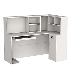 Homsee Reception Desk L-Shaped Office Desk with Counter, 1 Door Storage Cabinet, 1 Lockable Drawer, Hutch Shelf & Keyboard Tray, White