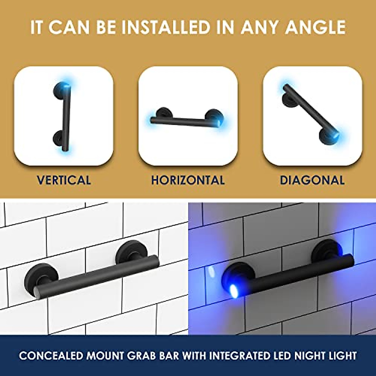 evekare 24 Inch Innovative Grab Bars for Bathtubs and Showers | with Integrated LED Night Light | Grab Bars for Elderly and Disabled | 1.25 Inch Diameter Stainless Steel in Matte Black