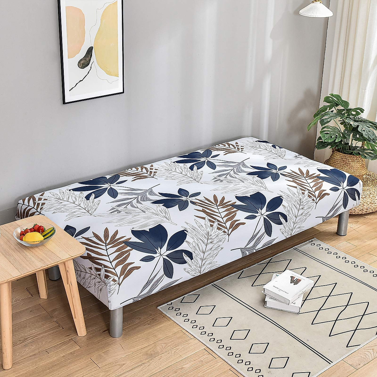 MIFXIN Armless Sofa Cover Futon Slipcover Stretch Elastic Polyester Folding Sofa Bed Non-Armrest Couch Furniture Protector Spandex Printed Washable Sofa Cover Without Armrests (Grey Blue Leaf)
