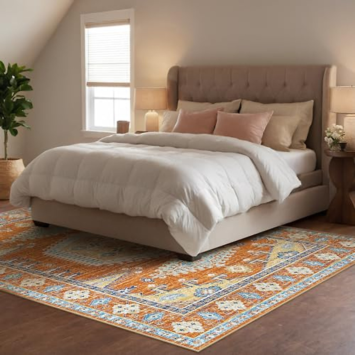 Kokia Area Rugs Living Room 9x12 Ultra-Thin Washable Orange Large Area Rug Dining Room Geometric Tribal Distressed Lightweight Foldable Carpet for Dining Room Home Office, Solani Orange-1