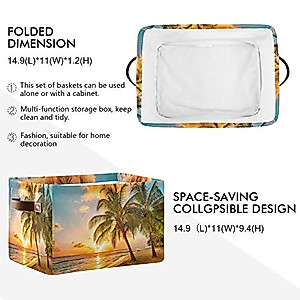 AUUXVA Palm Tree Sea Ocean Sunset Storage Basket Large Foldable Storage Organizer Cubes Bins with Leather Handles Sturdy Collapsible Boxes for Shelf Cloth Toy Closet-1 Pack