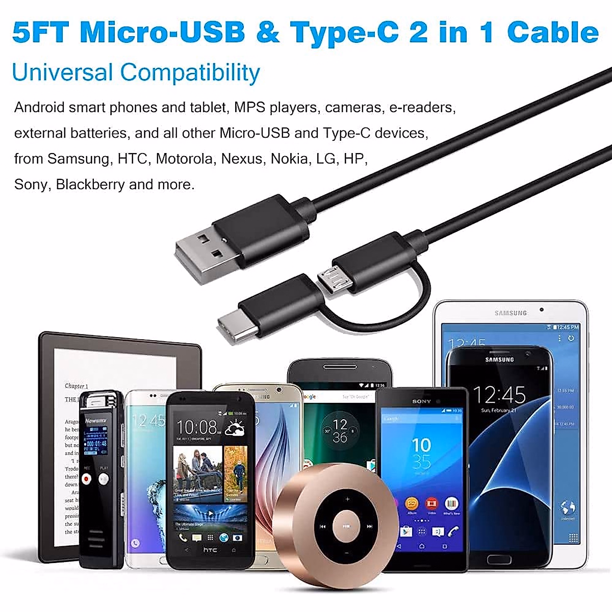 KABCON Charger [UL Listed], 10W Power Supply for Kindle Fire HD 10/8/7, Phone & Tablet, USB C & Micro-USB Cable Included, 5FT, Overheating Protection, Travel Friendly Design, 1 Year Warranty