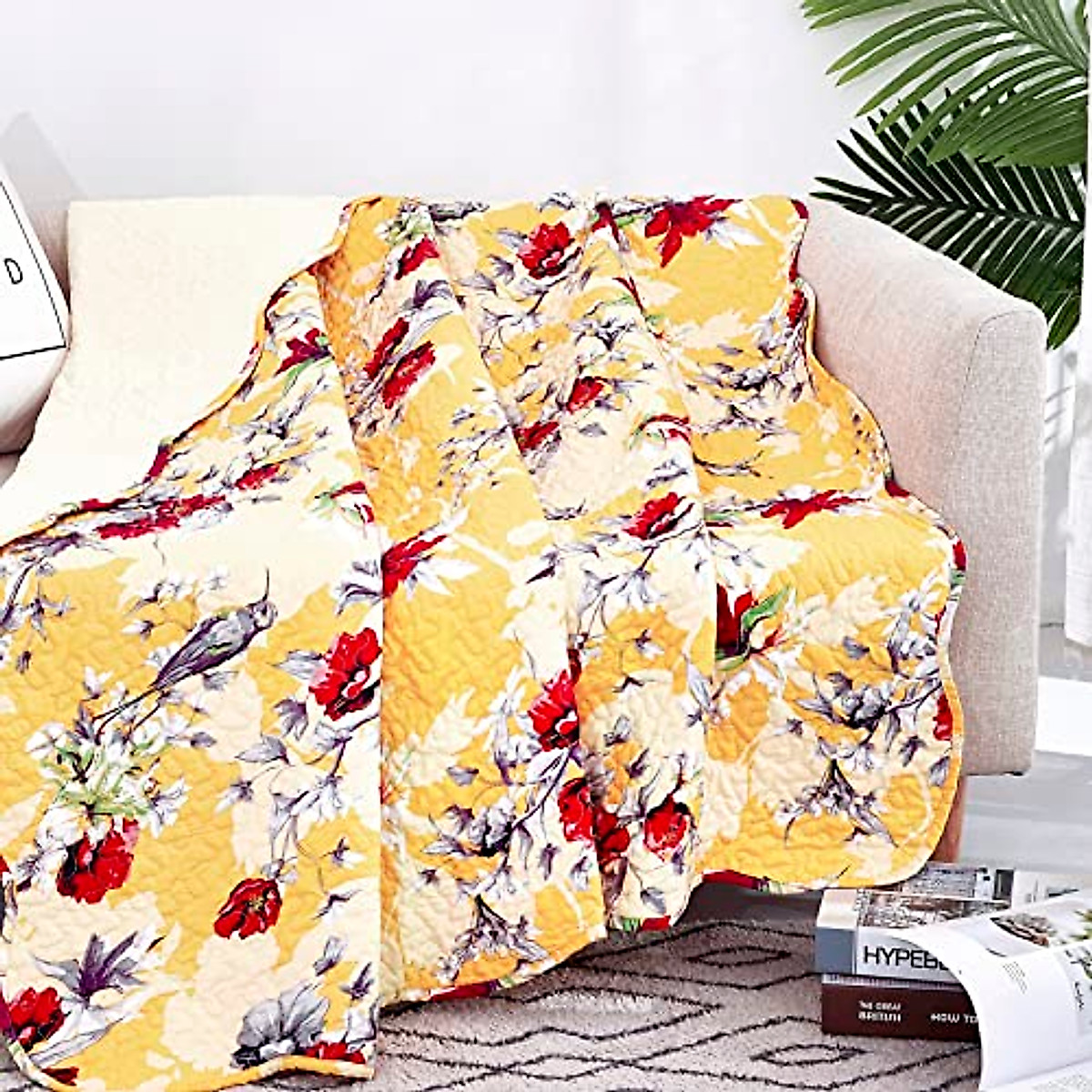 DaDa Bedding Yellow Floral Lap Quilt - Quilted Throw Blanket - Hummingbirds Farmhouse Red Flowers for Couch, Sofa or Bed- Scalloped Edges Bright Vibrant for Biophilic Design - 50 x 60