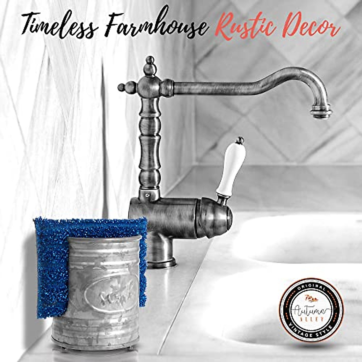 Autumn Alley Farmhouse Sponge Holder - Galvanized Kitchen Sponge Holder for Kitchen, Rustic Kitchen Accessories Farmhouse Style with SCRUB Label, Charm Country Kitchen Accessories Counter